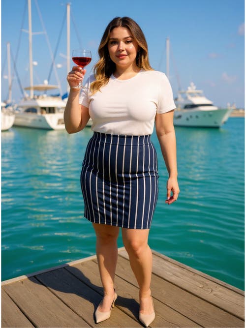 24SEVEN COMFORT APPAREL Striped Elastic Waist Knee Length Pencil Skirt